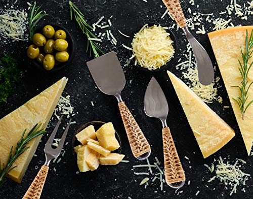 Cheese Knife Set, Stainless Steel Cheese Slicer Cutter Spreader Fork, Rattan Cheese Knives Perfect Gifts for Party Decoration, Dinning Table, Everyday, Family Gatherings