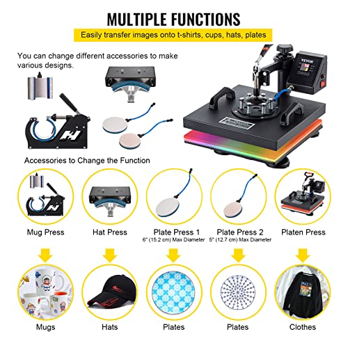 VEVOR Heat Press Machine, 15 x 15 Inch, 6 in 1 Combo Swing Away T-shirt Sublimation Transfer Printer with Teflon Coated, Mug/Hat/Plate Accessories Included, ETL/FCC Certificated, Black(Color may Vary)