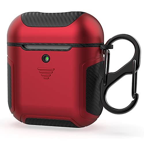 Designed for Airpods Cover Case,ORETECH Designed for Airpods 1&Airpods 2 Case Heavy Duty Hybrid 2 in 1 Protective Hard PC Rubber Carbon Fiber Cover with Carabiner for Airpods 1&2 [LED Visible]- Red