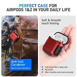 Designed for Airpods Cover Case,ORETECH Designed for Airpods 1&Airpods 2 Case Heavy Duty Hybrid 2 in 1 Protective Hard PC Rubber Carbon Fiber Cover with Carabiner for Airpods 1&2 [LED Visible]- Red