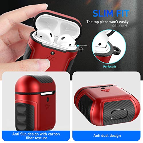 Designed for Airpods Cover Case,ORETECH Designed for Airpods 1&Airpods 2 Case Heavy Duty Hybrid 2 in 1 Protective Hard PC Rubber Carbon Fiber Cover with Carabiner for Airpods 1&2 [LED Visible]- Red