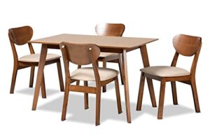 baxton studio damara mid-century modern sand fabric upholstered and walnut brown finished wood 5-piece dining set