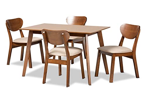 Baxton Studio Damara Mid-Century Modern Sand Fabric Upholstered and Walnut Brown Finished Wood 5-Piece Dining Set