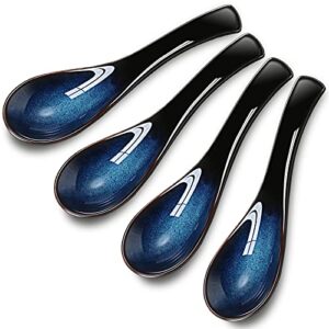 4 pieces japanese and korean ceramic soup spoons set long handle spoons retro blue ramen bowl soup spoon suitable for soup, gravy, cake, oatmeal, dumplings