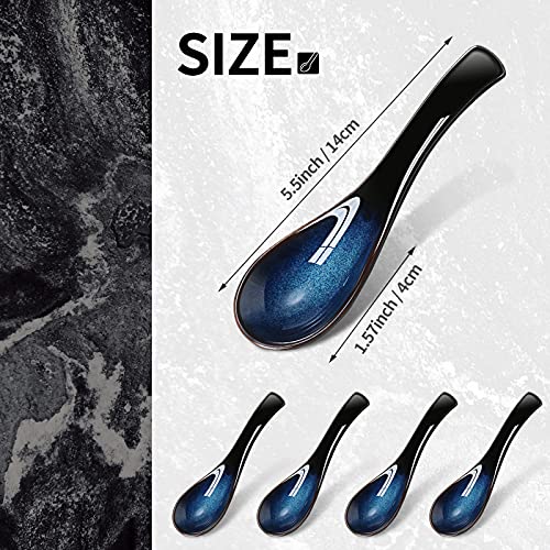 4 Pieces Japanese and Korean Ceramic Soup Spoons Set Long Handle Spoons Retro Blue Ramen Bowl Soup Spoon Suitable for Soup, Gravy, Cake, Oatmeal, Dumplings