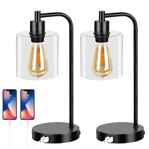 industrial touch control table lamps set of 2 with 2 usb ports & ac power outlet, ul listed 3-way dimmable vintage bedside nightstand reading lamp with glass shade for bedroom living room office