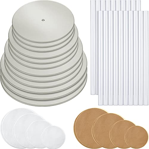 112 Pieces Cake Board Kit Sturdy Round Cake Board 4 Inch, 6 Inch, 8 Inch, 10 Inch with Parchment Paper Round and Plastic Cake Dowel Rod Cake Separator Plate for Tiered Cake for Party Wedding Birthday