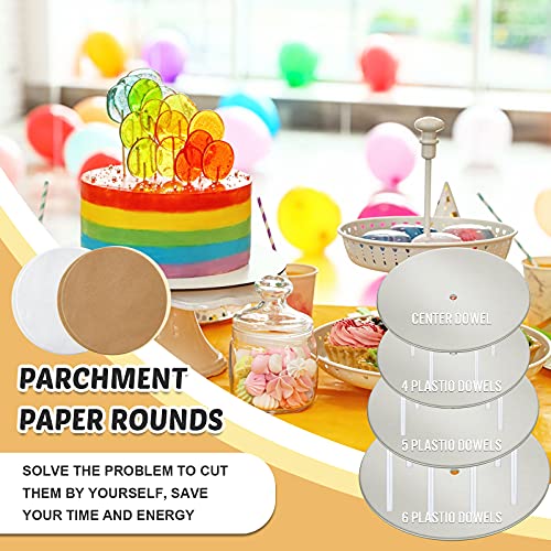 112 Pieces Cake Board Kit Sturdy Round Cake Board 4 Inch, 6 Inch, 8 Inch, 10 Inch with Parchment Paper Round and Plastic Cake Dowel Rod Cake Separator Plate for Tiered Cake for Party Wedding Birthday