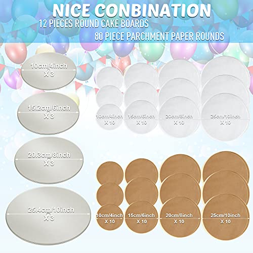 112 Pieces Cake Board Kit Sturdy Round Cake Board 4 Inch, 6 Inch, 8 Inch, 10 Inch with Parchment Paper Round and Plastic Cake Dowel Rod Cake Separator Plate for Tiered Cake for Party Wedding Birthday