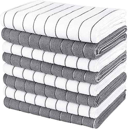 AIDEA Dish Towels-8Pack, 15”x25”, Super Soft and Absorbent, Multi-Purpose Microfiber Kitchen Towels for Home, Kitchen-White/Grey