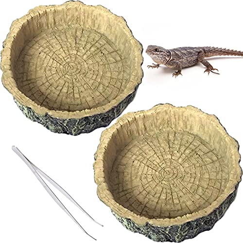 Hamiledyi 3 Pack Reptile Water Dish Food Bowl Set Resin Bearded Dragon Rock Food Feeder Dish Terrarium Bowls with Feeding Tweezers Tong for Leopard Gecko Lizard Frog Snake Chameleon Tortoise