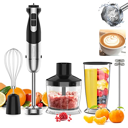 healthomse 5-In-1 Immersion Blender 800W 12-Speed Stainless Steel Hand Blender with Milk Frother, Egg Whisk, BPA-Free 500ml Chopper and 700ml Beaker with Lid for Soup, Smoothie, Baby Food