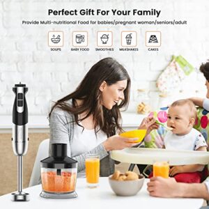 healthomse 5-In-1 Immersion Blender 800W 12-Speed Stainless Steel Hand Blender with Milk Frother, Egg Whisk, BPA-Free 500ml Chopper and 700ml Beaker with Lid for Soup, Smoothie, Baby Food