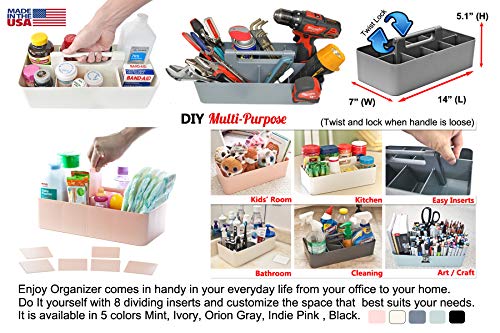 Enjoy Organizer 2 PACK - Portable DIY 8 Dividers Durable Plastic Tote Tool & Supply Cleaning Caddy with Handle Made In USA (Orion Gray)