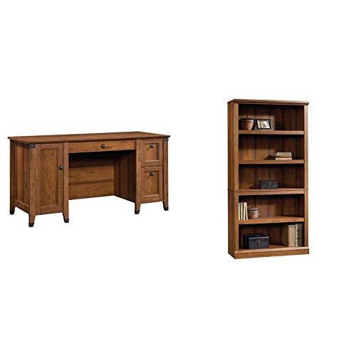 Sauder Carson Forge Computer Desk, Washington Cherry Finish & Select Collection 5-Shelf Bookcase, Washington Cherry Finish