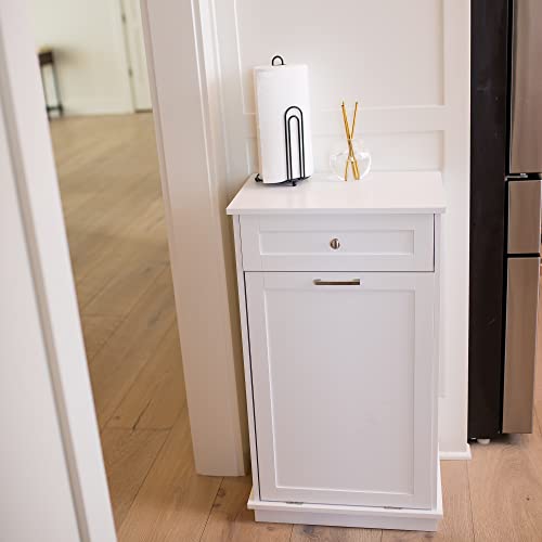 Trash Bin Cabinet | Tilt Out Dog Proof Trash Can Holder Kitchen Recycling Cabinet with Hideaway Drawer add Countertop Space (White) 35.5” H x 13.5” D x 20” W