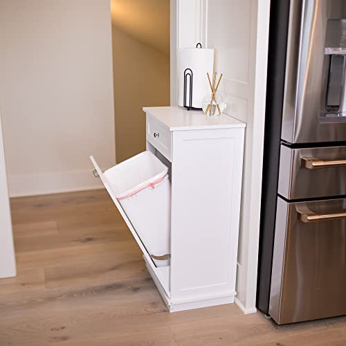 Trash Bin Cabinet | Tilt Out Dog Proof Trash Can Holder Kitchen Recycling Cabinet with Hideaway Drawer add Countertop Space (White) 35.5” H x 13.5” D x 20” W