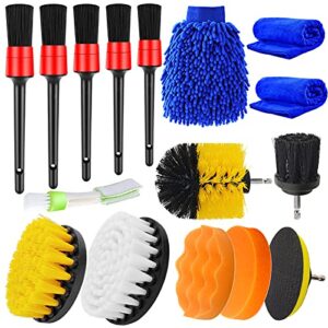 jaronx 16pcs car detailing brush kit, detail brushes car detailing, car detail cleaning brush for wheel, exterior interior auto detailing brushes set (drill brush, wash mitt, towels, polishing pads)