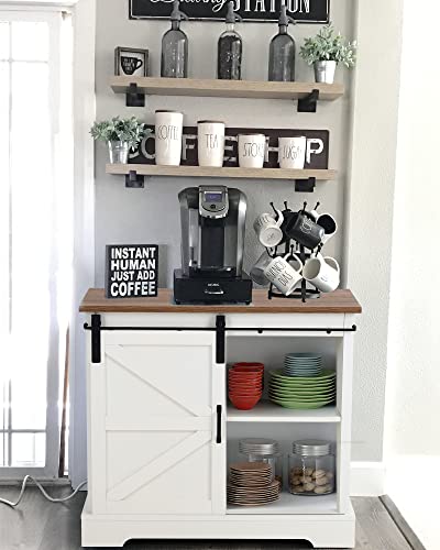 MAISON ARTS Farmhouse Coffee Bar Cabinet Buffet & Sideboard Kitchen Storage Cabinet Cupboard with Sliding Door for Kitchen Dining Living Room, Oak + Ivory