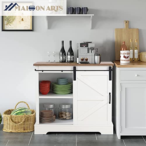 MAISON ARTS Farmhouse Coffee Bar Cabinet Buffet & Sideboard Kitchen Storage Cabinet Cupboard with Sliding Door for Kitchen Dining Living Room, Oak + Ivory