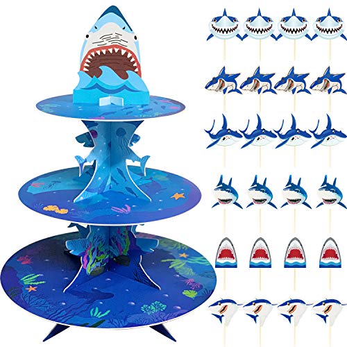 3 Tiers Shark Cardboard Cupcake Stand Birthday Party Supplies, Cupcake Dessert Cupcake Holder with 24pcs Cupcake Toppers for Kids Boys Girls Ocean Birthday Party, Baby Shower, Shark Party Decorations