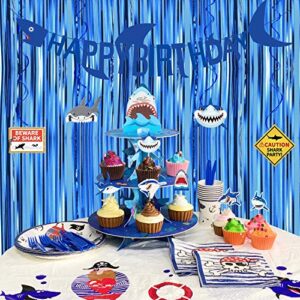 3 Tiers Shark Cardboard Cupcake Stand Birthday Party Supplies, Cupcake Dessert Cupcake Holder with 24pcs Cupcake Toppers for Kids Boys Girls Ocean Birthday Party, Baby Shower, Shark Party Decorations