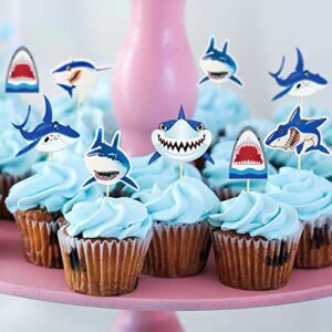 3 Tiers Shark Cardboard Cupcake Stand Birthday Party Supplies, Cupcake Dessert Cupcake Holder with 24pcs Cupcake Toppers for Kids Boys Girls Ocean Birthday Party, Baby Shower, Shark Party Decorations