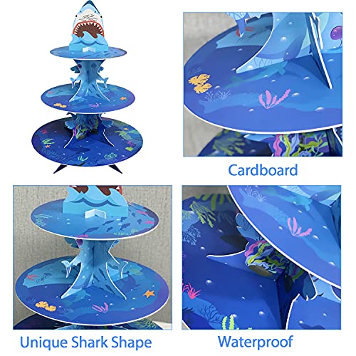 3 Tiers Shark Cardboard Cupcake Stand Birthday Party Supplies, Cupcake Dessert Cupcake Holder with 24pcs Cupcake Toppers for Kids Boys Girls Ocean Birthday Party, Baby Shower, Shark Party Decorations