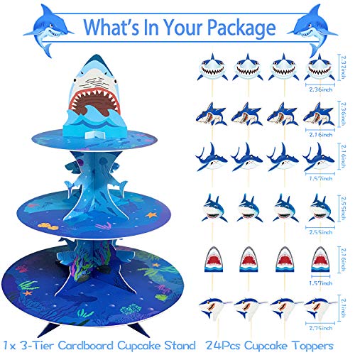 3 Tiers Shark Cardboard Cupcake Stand Birthday Party Supplies, Cupcake Dessert Cupcake Holder with 24pcs Cupcake Toppers for Kids Boys Girls Ocean Birthday Party, Baby Shower, Shark Party Decorations