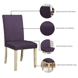 Nathaniel Home Dining Chair, Wood Legs, Padded seat, Nail-Head Trims, Linen Fabric,Tufted Dining Room Chairs, Ideal for Dining Room, Kitchen, Living Room, Restaurant, Cafe, Set of 2 (Purple)