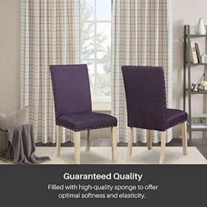 Nathaniel Home Dining Chair, Wood Legs, Padded seat, Nail-Head Trims, Linen Fabric,Tufted Dining Room Chairs, Ideal for Dining Room, Kitchen, Living Room, Restaurant, Cafe, Set of 2 (Purple)