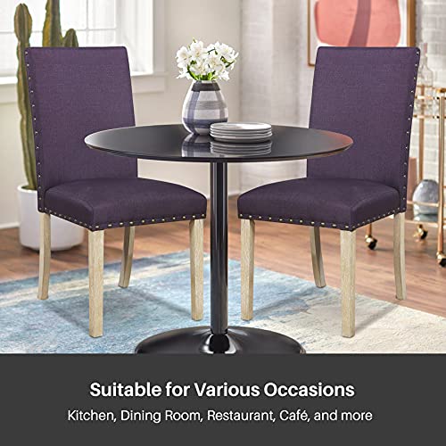 Nathaniel Home Dining Chair, Wood Legs, Padded seat, Nail-Head Trims, Linen Fabric,Tufted Dining Room Chairs, Ideal for Dining Room, Kitchen, Living Room, Restaurant, Cafe, Set of 2 (Purple)