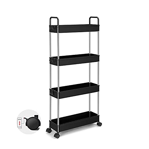 Slim Storage Cart Small Rolling Little Carts Shelves Rolling Spice Rack for Bathroom Kitchen Living Room Bedroom Storage Organize Great for Tight Spaces Narrow Gap with 4 Storage Baskets (Black)