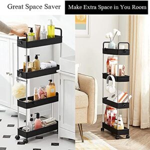 Slim Storage Cart Small Rolling Little Carts Shelves Rolling Spice Rack for Bathroom Kitchen Living Room Bedroom Storage Organize Great for Tight Spaces Narrow Gap with 4 Storage Baskets (Black)