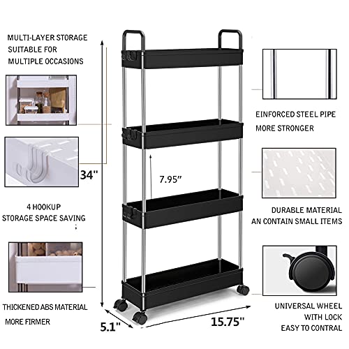 Slim Storage Cart Small Rolling Little Carts Shelves Rolling Spice Rack for Bathroom Kitchen Living Room Bedroom Storage Organize Great for Tight Spaces Narrow Gap with 4 Storage Baskets (Black)