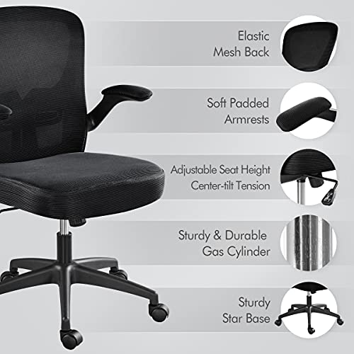 Yaheetech Office Chair Ergonomic Desk Chair with Flip up Armrests Mesh Computer Chair with Adjustable Height Lumbar Support Space Saving Task Executive Chair for Home Office Work Study, Black