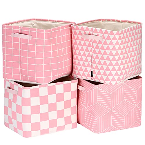 Sea Team Foldable Large Square New Pink and White Geometric Theme 100% Natural Linen & Cotton Fabric Storage Bins Storage Baskets Organizers for Shelves & Desks - Set of 4 (Pink)