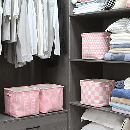 Sea Team Foldable Large Square New Pink and White Geometric Theme 100% Natural Linen & Cotton Fabric Storage Bins Storage Baskets Organizers for Shelves & Desks - Set of 4 (Pink)