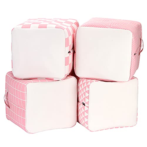 Sea Team Foldable Large Square New Pink and White Geometric Theme 100% Natural Linen & Cotton Fabric Storage Bins Storage Baskets Organizers for Shelves & Desks - Set of 4 (Pink)