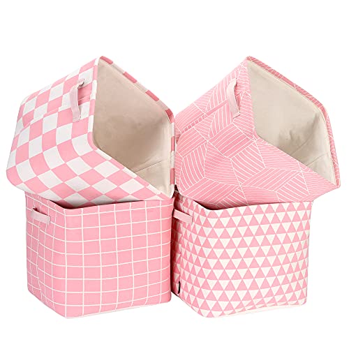 Sea Team Foldable Large Square New Pink and White Geometric Theme 100% Natural Linen & Cotton Fabric Storage Bins Storage Baskets Organizers for Shelves & Desks - Set of 4 (Pink)