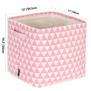 Sea Team Foldable Large Square New Pink and White Geometric Theme 100% Natural Linen & Cotton Fabric Storage Bins Storage Baskets Organizers for Shelves & Desks - Set of 4 (Pink)