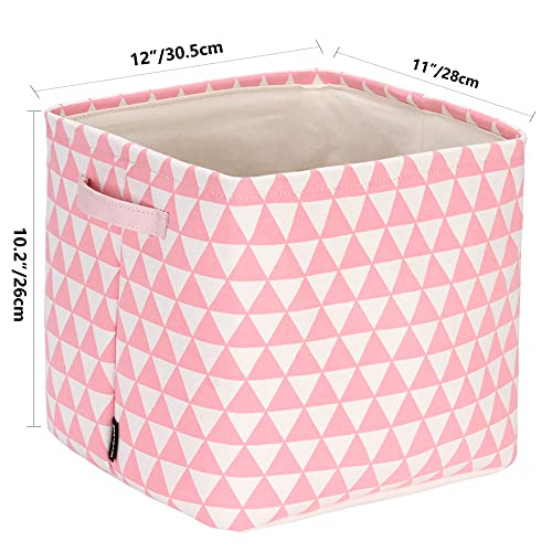 Sea Team Foldable Large Square New Pink and White Geometric Theme 100% Natural Linen & Cotton Fabric Storage Bins Storage Baskets Organizers for Shelves & Desks - Set of 4 (Pink)