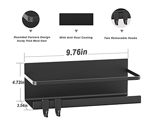 LITINEE Magnetic Spice Rack for Refrigerator Magnetic Shelf with 4 Removable Hooks, Strong Magnetic Spice Rack Perfect Space Saving for Holding Spices, Jars, Bottle, Olive Oil (Black, 2Pack)