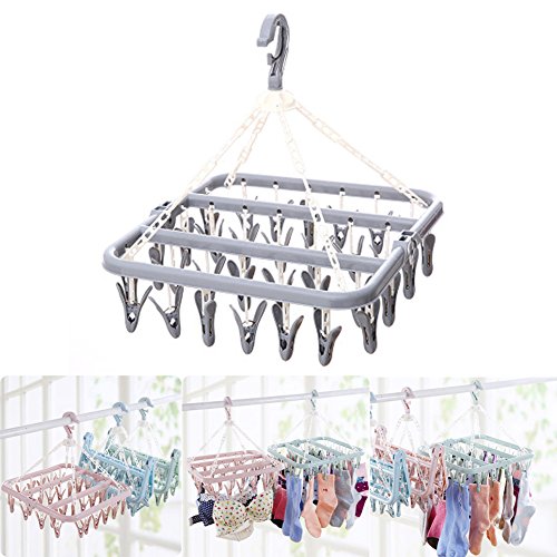 EKDJKK Clothes Drying Hanger with 32 Clips,Baby Clothes Drying Rack,Sock Clips for Laundry Foldable Clothes Hangers for Drying Socks,Towels,Underwear,Bras,Diapers,Baby Clothes,Gloves,Hats