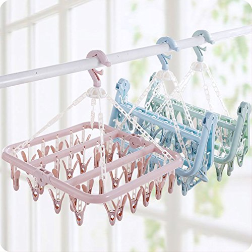 EKDJKK Clothes Drying Hanger with 32 Clips,Baby Clothes Drying Rack,Sock Clips for Laundry Foldable Clothes Hangers for Drying Socks,Towels,Underwear,Bras,Diapers,Baby Clothes,Gloves,Hats