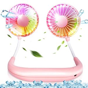 rechargeable portable neck fan, 3 speeds hands free fan with 7 colours led lighting, 360° cooling and quiet personal fan, adjustable usb powered neck fans for built-in aromatherapy tablets for women