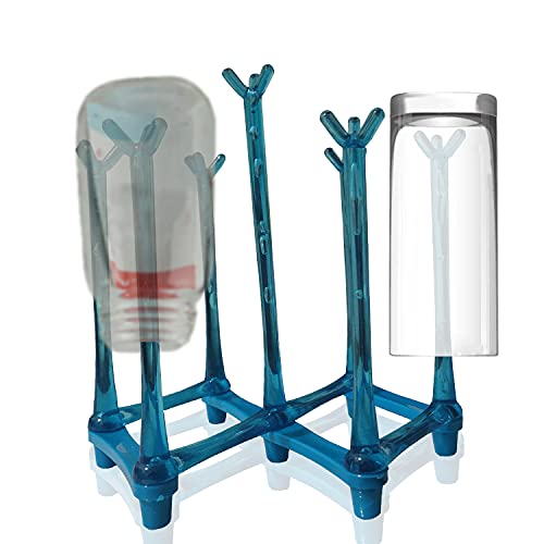 Retractable Cup Drying Rack Drinking Glass and Sports Bottle Drainer Stand Plastic Bag Dryer for Kitchen Dish Drainer with 7 Plastic Mug Tree Hooks Blue