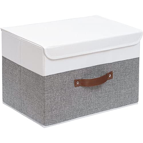 Yawinhe Collapsible Storage Boxes 1 Pack, Linen Fabric Storage Baskets Washable, with Lids and Leather Handle, for Home Bedroom Closet Office, (White/Grey, 15.0x9.8x9.8in), USNK024WGL-1