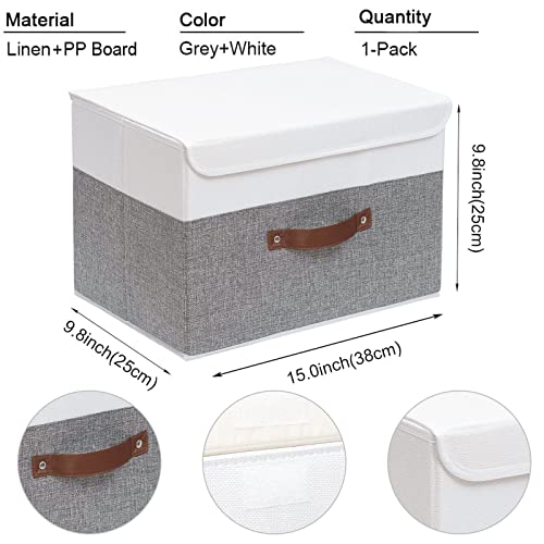 Yawinhe Collapsible Storage Boxes 1 Pack, Linen Fabric Storage Baskets Washable, with Lids and Leather Handle, for Home Bedroom Closet Office, (White/Grey, 15.0x9.8x9.8in), USNK024WGL-1