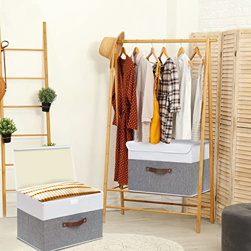 Yawinhe Collapsible Storage Boxes 1 Pack, Linen Fabric Storage Baskets Washable, with Lids and Leather Handle, for Home Bedroom Closet Office, (White/Grey, 15.0x9.8x9.8in), USNK024WGL-1